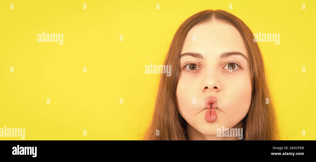 Portrait of kid making funny fish lips. Child face, horizontal poster ...