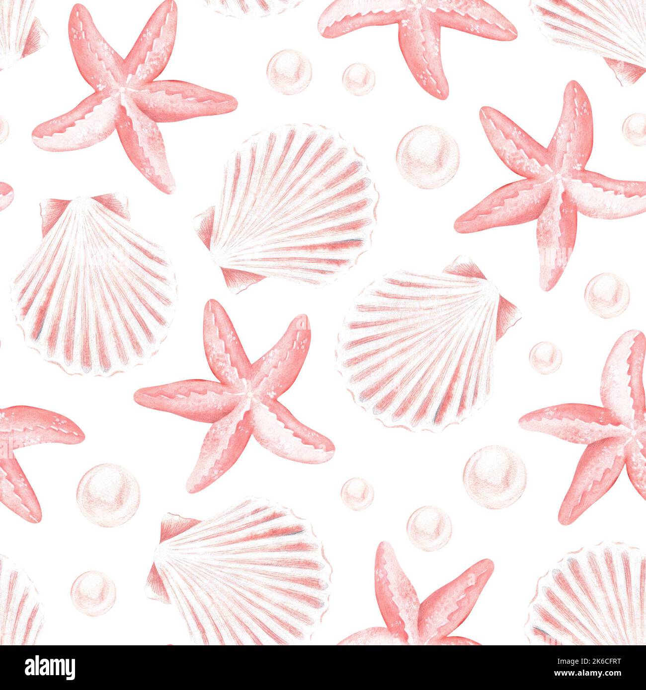 Seashells and starfish seamless pattern. Watercolor illustration ...