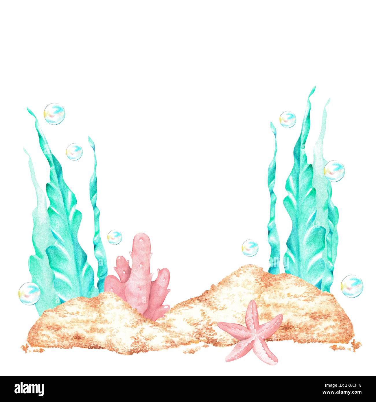 Sea bottom. Sand, algae and corals. Place for text. Drawing below ...