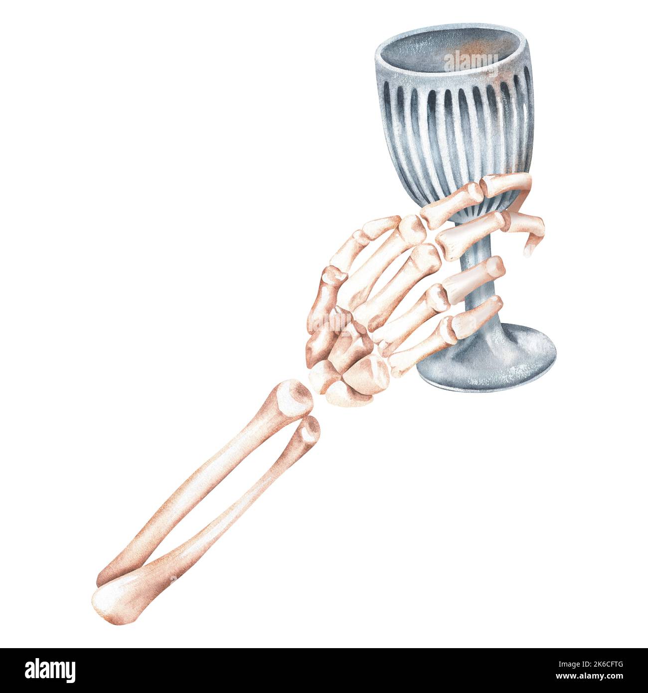 A skeleton hand holds an iron drinking goblet. Wrist and and radius ...