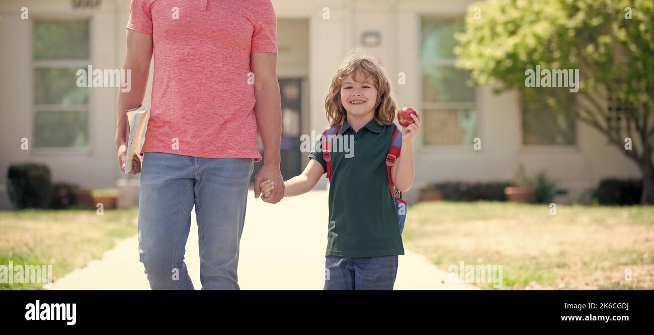 Banner of child back to school, education. first day at school. father ...