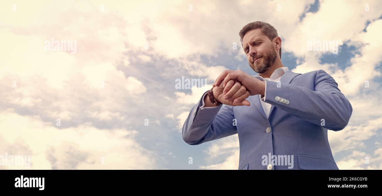 Man face portrait, banner with copy space. Business man in suit, blue ...