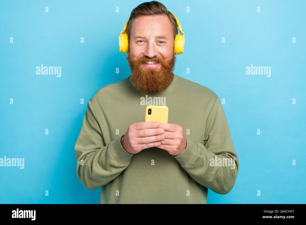 Photo of good mood satisfied guy with ginger hairstyle dressed khaki ...