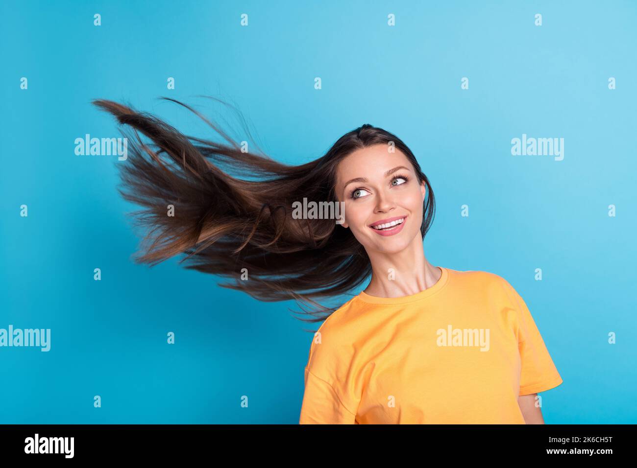 Photo of adorable dreamy girl dressed yellow t-shirt looking empty ...