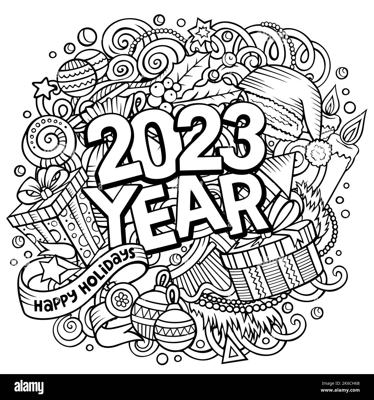 2023 doodles illustration. New Year objects and elements poster Stock ...
