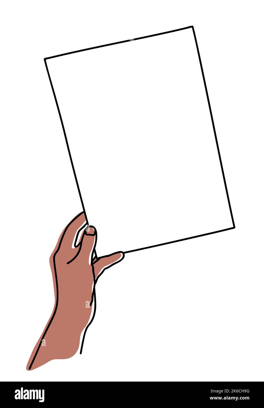 Hand holding A4 paper sheet hand drawn with thin line. Presenting ...
