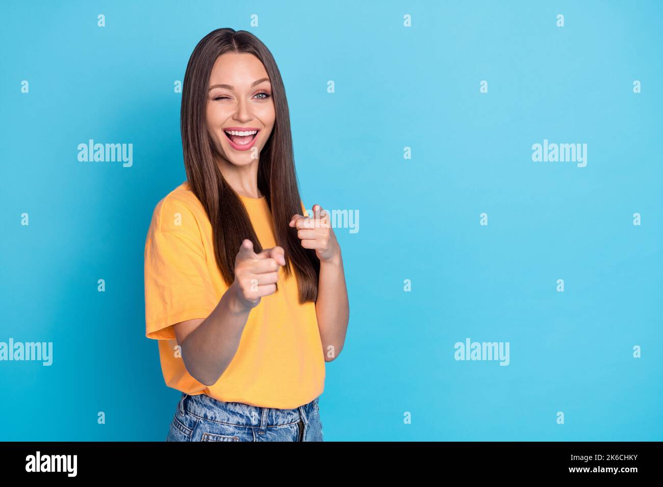 Photo of cheerful positive lady laughing point two arm fingers you say ...