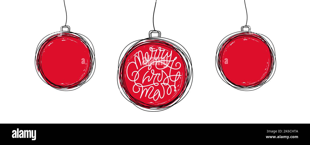 Hand drawn Merry Christmas lettering element in scribble pine tree ball ...