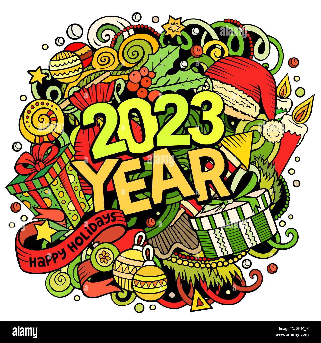 2023 doodles illustration. New Year objects and elements poster Stock ...