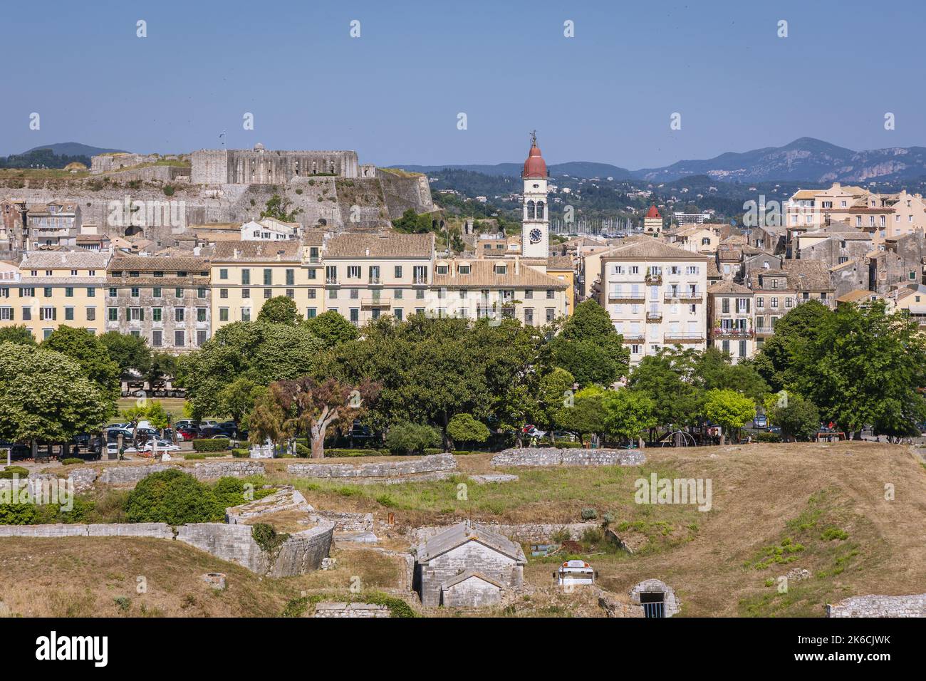Aerial view from Old Venetian Fortress in Corfu town on a Greek island ...