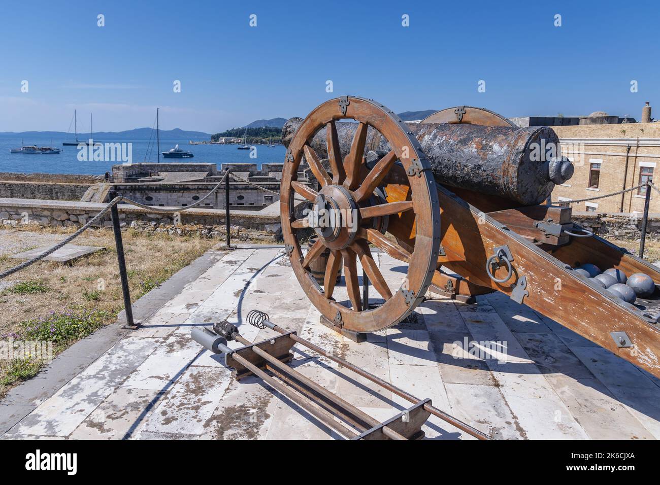 Siege cannon in Old Venetian Fortress in Corfu town on a Greek island ...