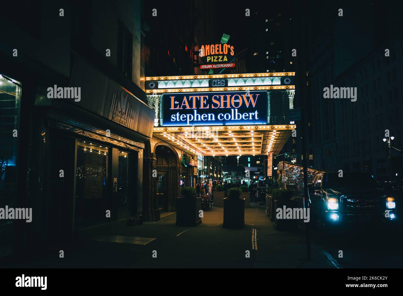 The Late Show with Stephen Colbert vintage signs at night, Manhattan ...
