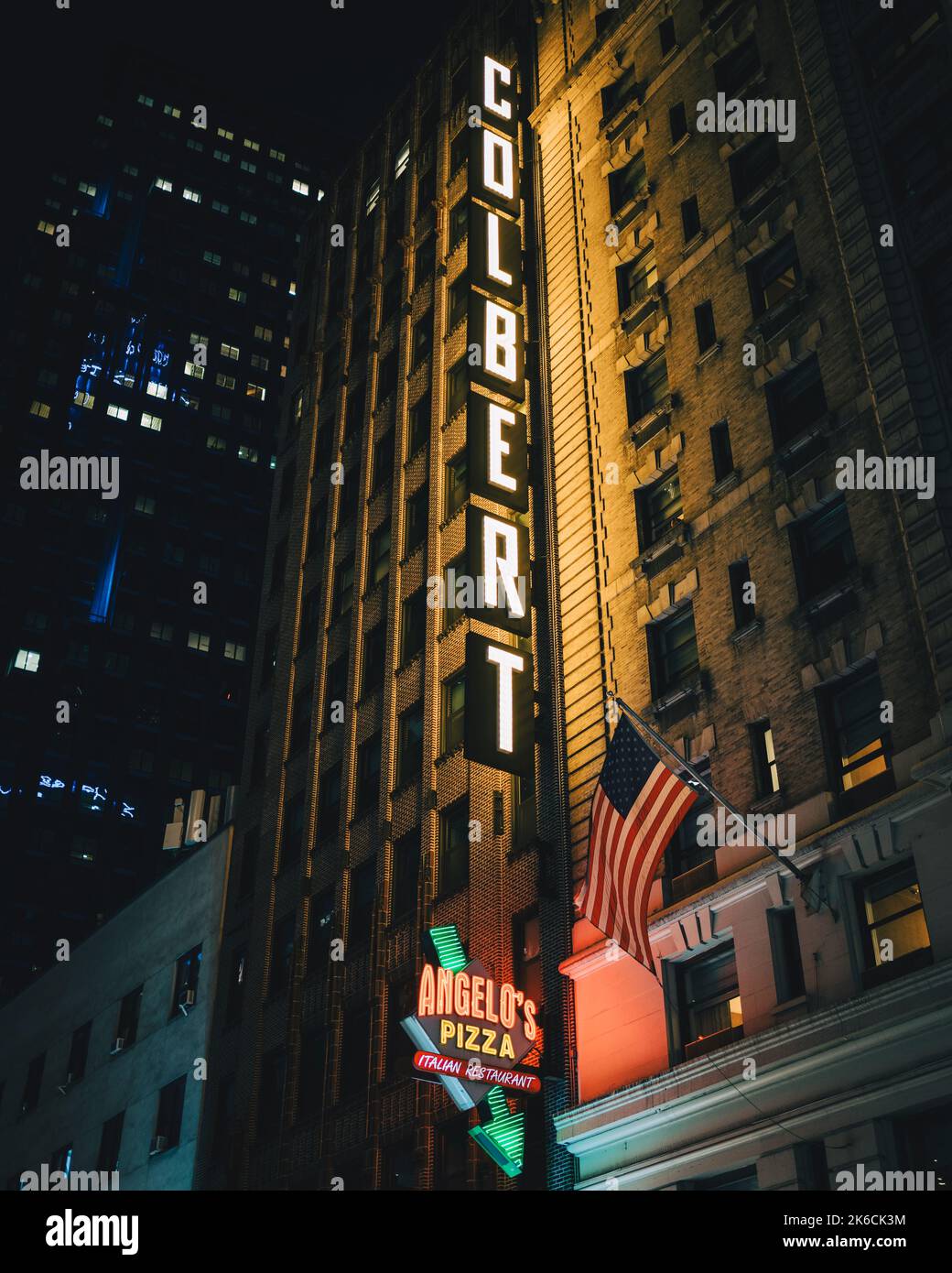The Late Show with Stephen Colbert vintage signs at night, Manhattan ...