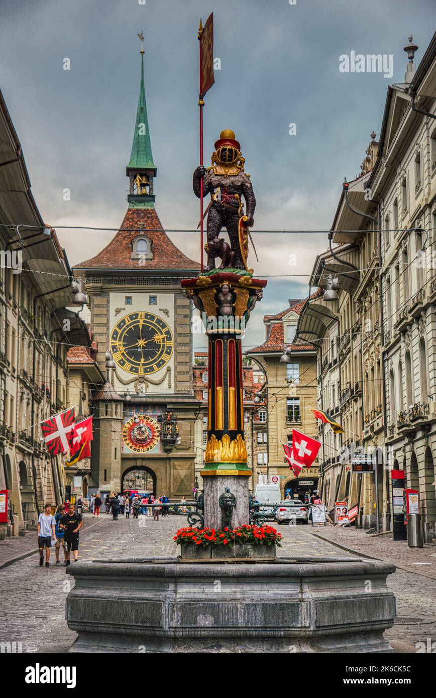 Bern, Switzerland 06 03, 2019 Zahringerbrunnen in the popular Kramgasse ...