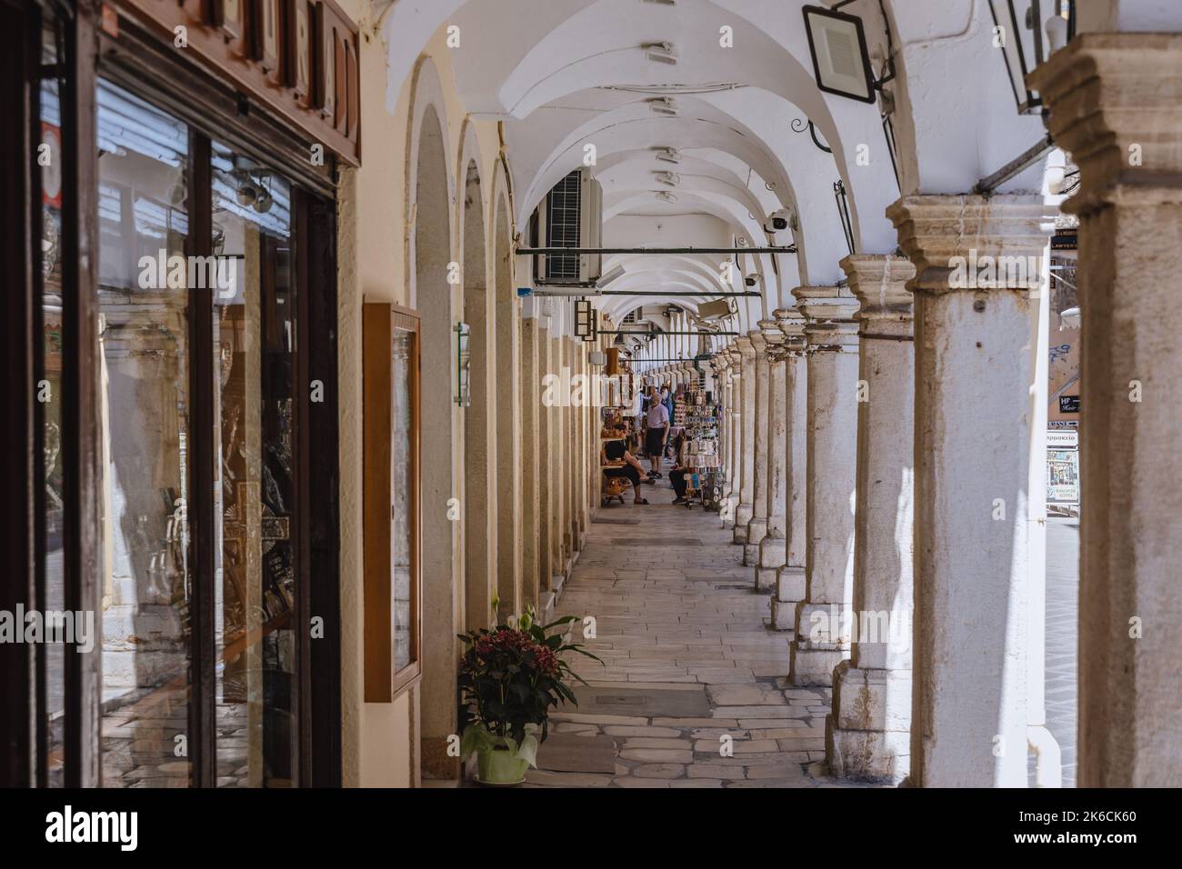 Arcades of buildings on Liston pedestrian street on Old Town of Corfu ...