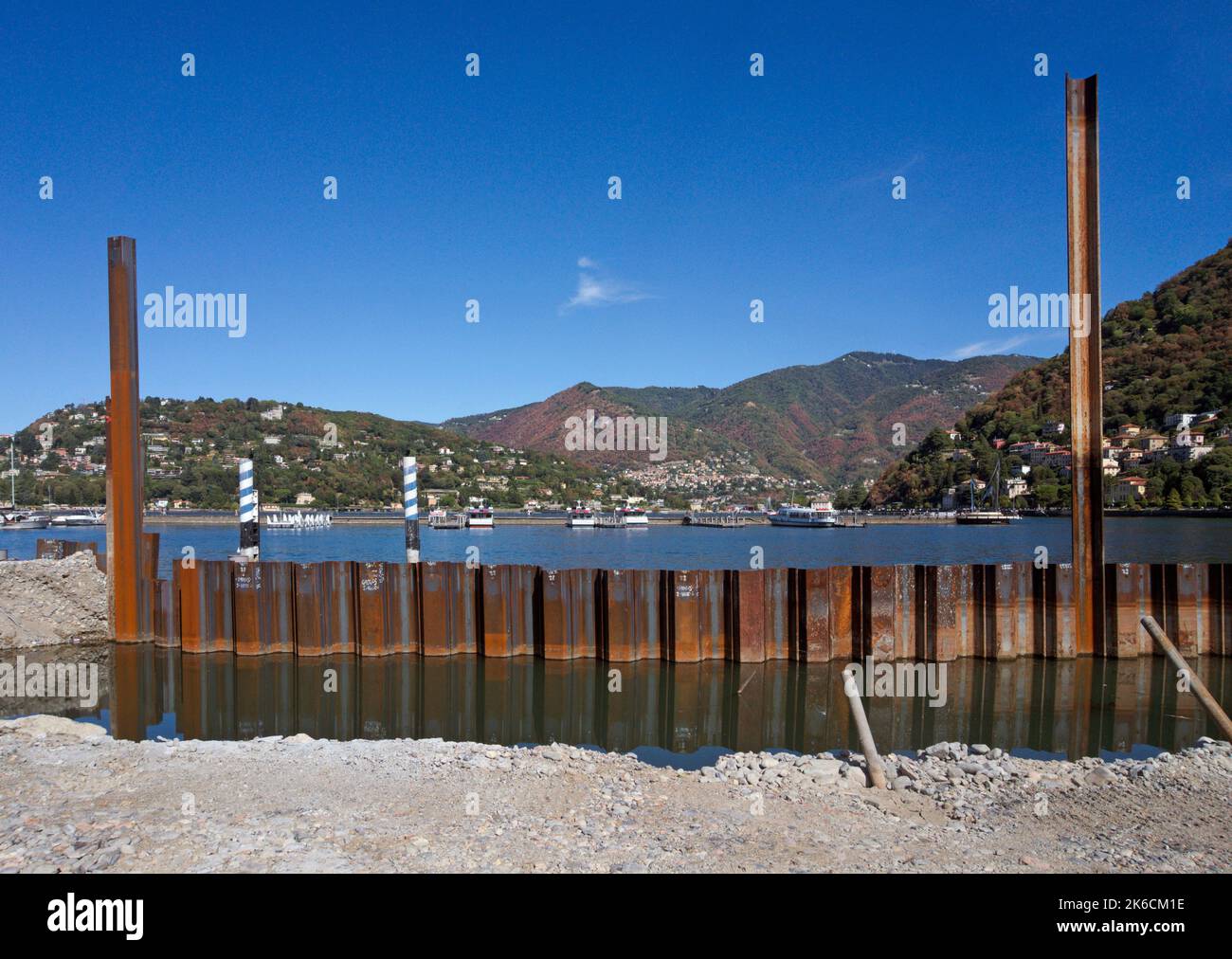bulkheads construction to protect the shore from the floods, Como, Lake ...