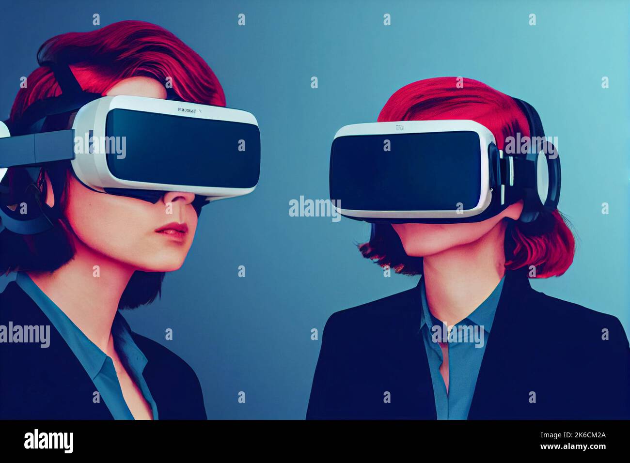 A digital 3D render of two females with VR augmented reality headsets ...