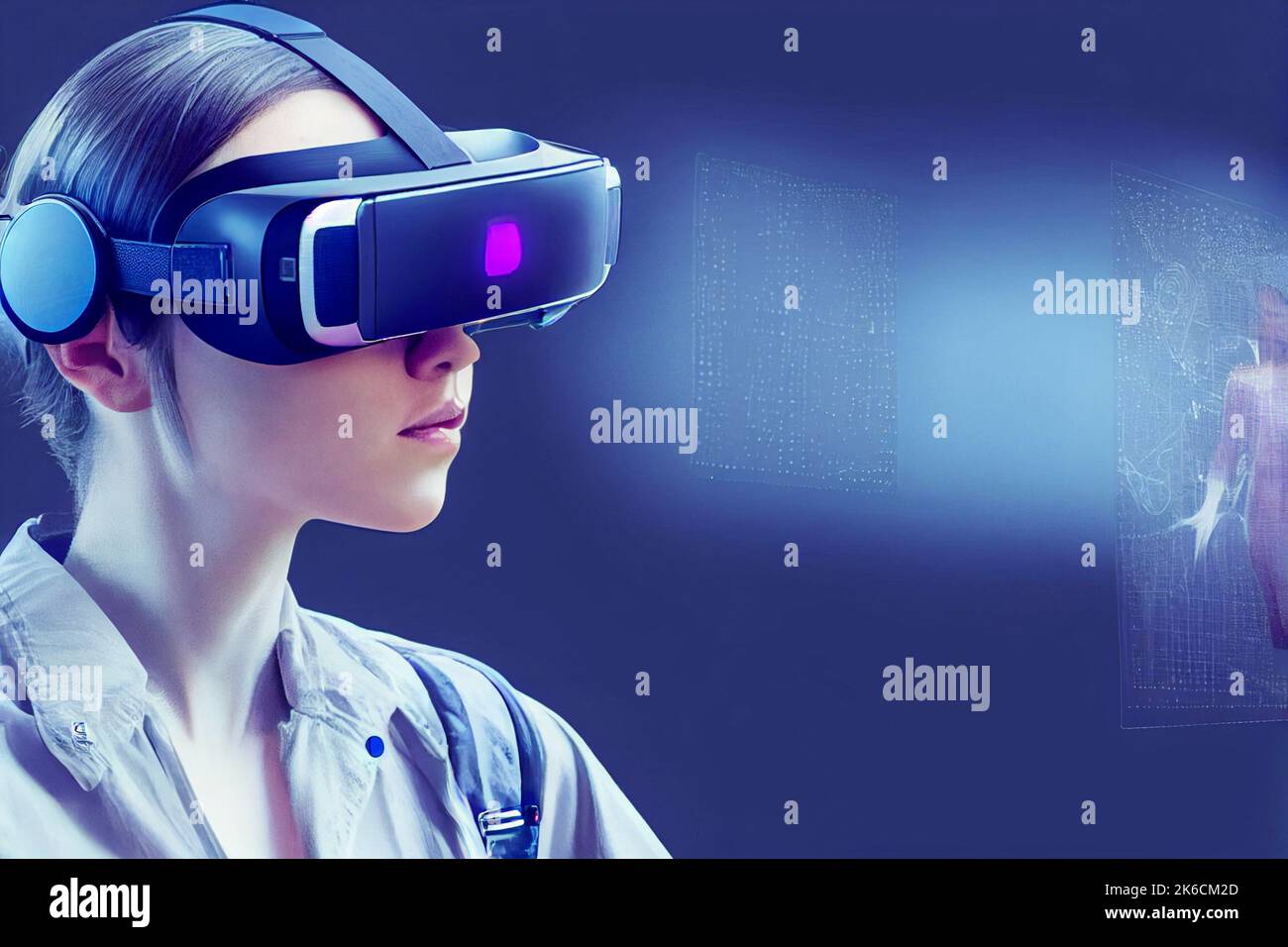A digital 3D render of a female with a VR headset looking at an ...