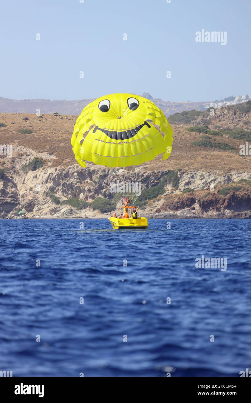 Bodrum, Turkey. 01 October 2022: Parasailing on the sea, speed boat and ...