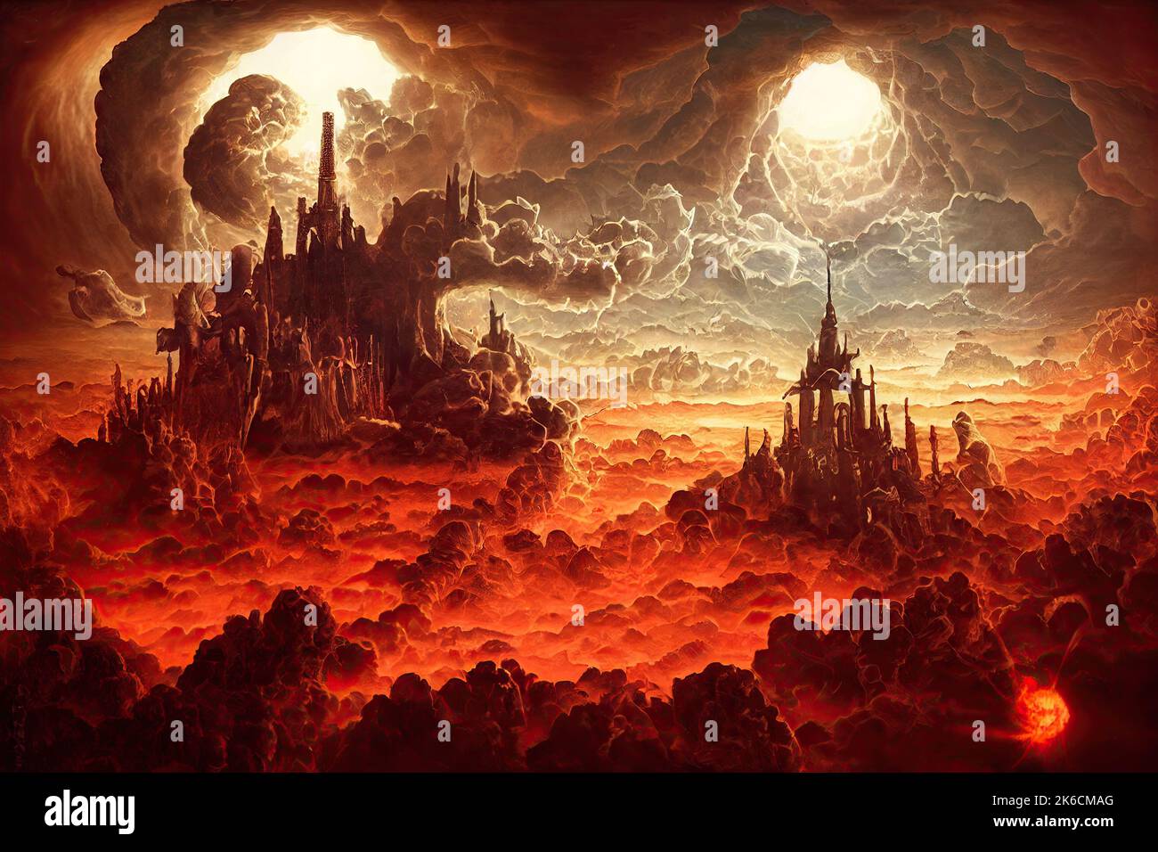 Reign of hell surrounded by fire with castle and hellish city ...