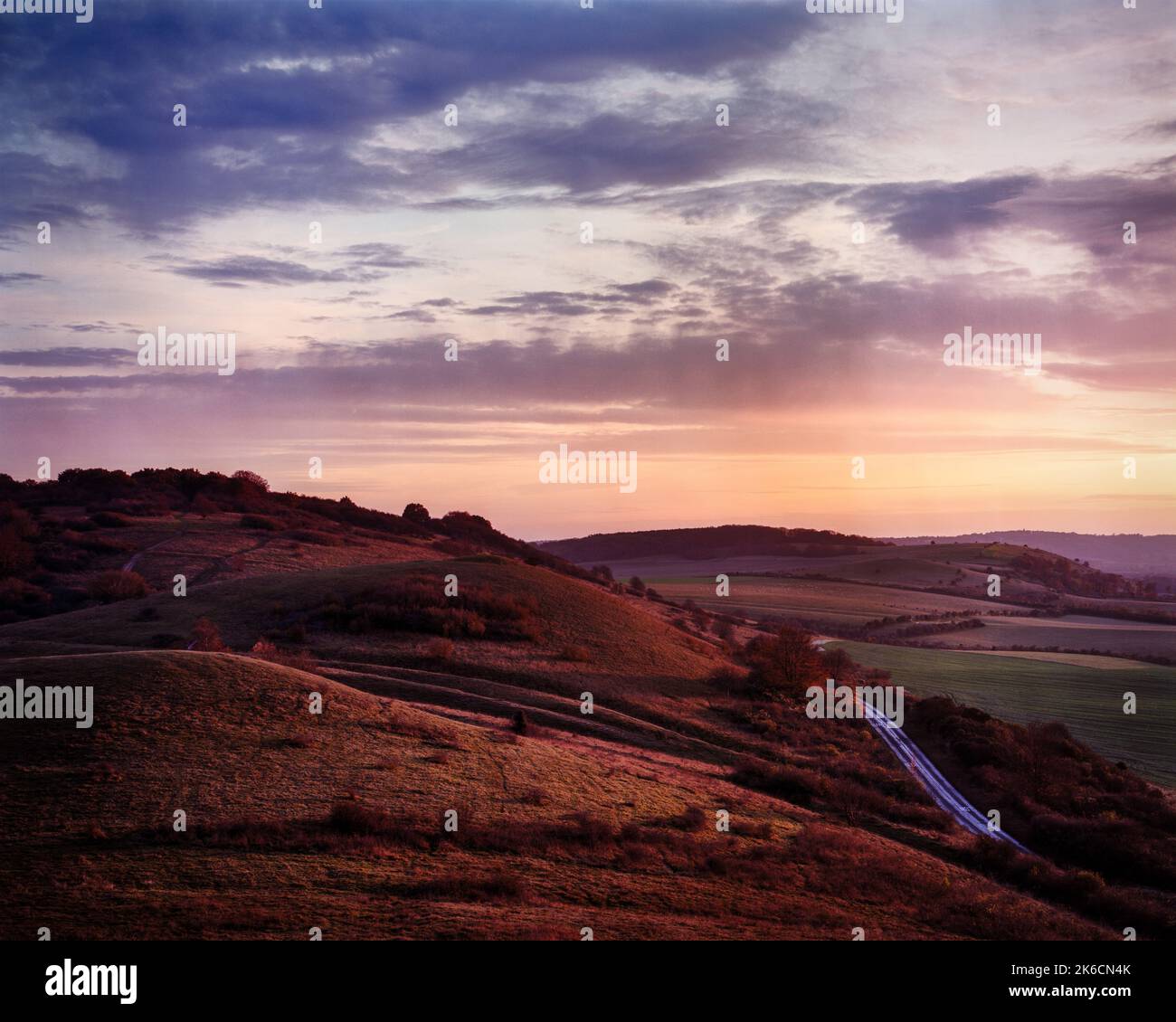 The sunset from Ivinghoe Beacon in the Chiltern Hills Area in Pitstone ...