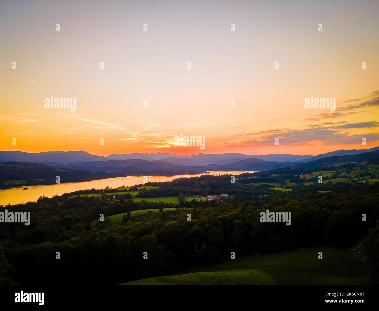 Aerial view of sunset over Windermere in Lake District, a region and ...
