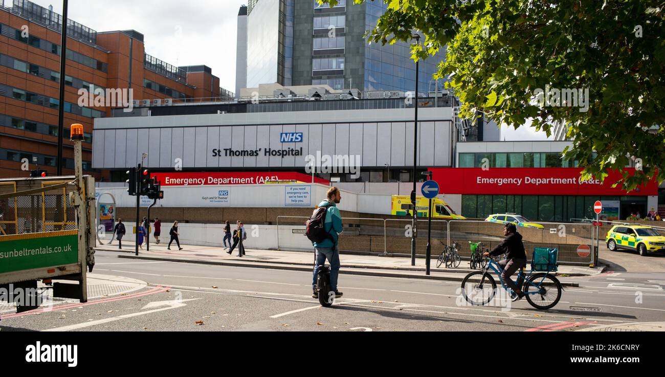 St Thomas hospital London UK GV of entrance to A&E ( accident and ...