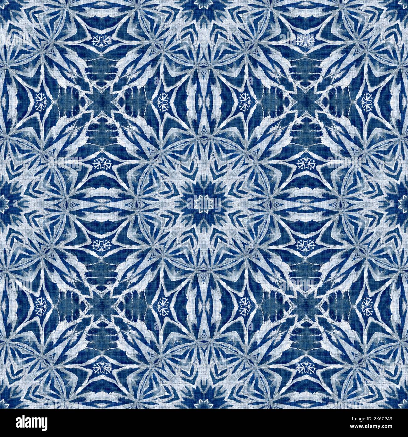 Indigo blue snow flake damask pattern background. Frosty painterly ...