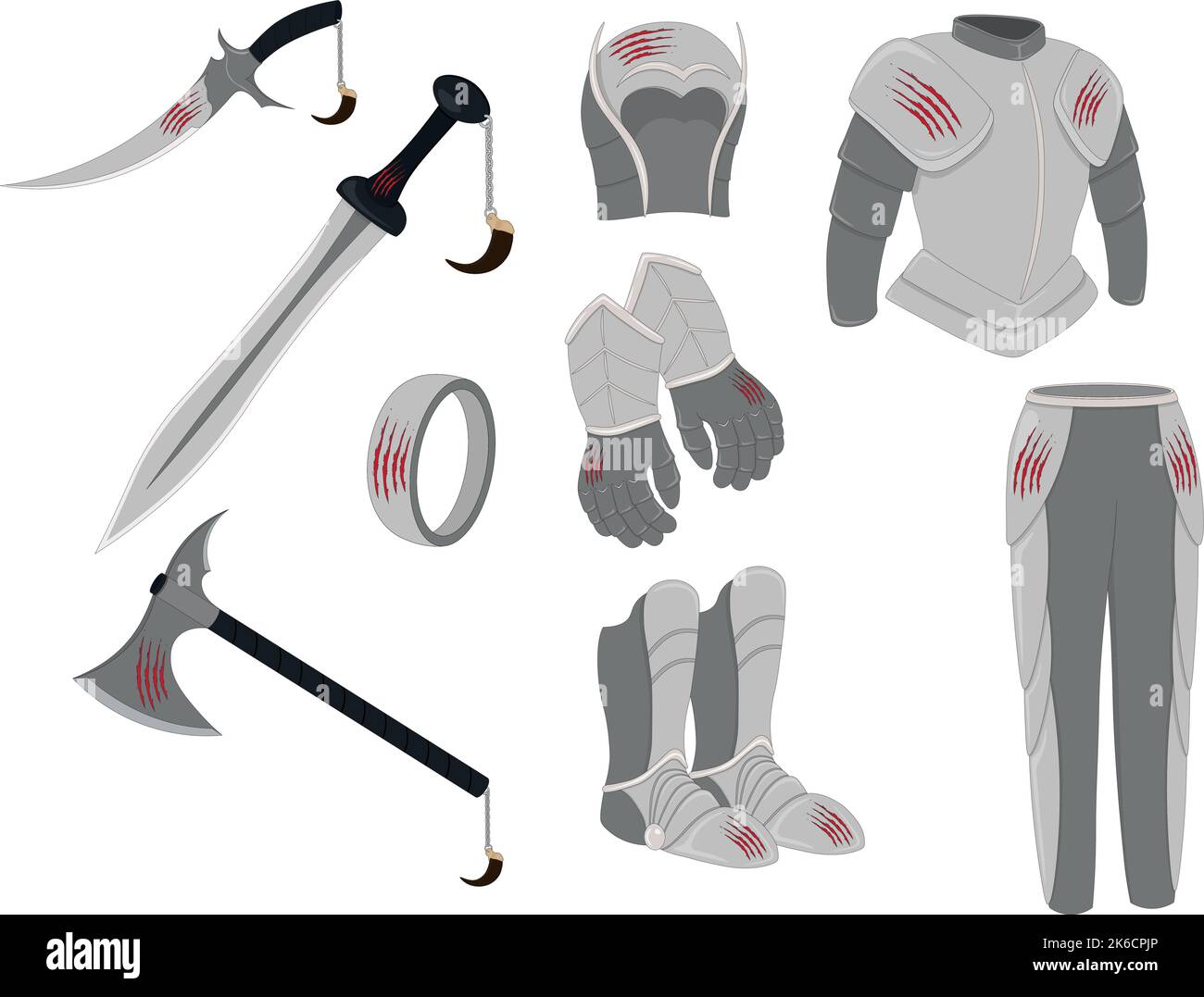 Weapon and armor game asset, one style weapons and armor equipment collection vector ...