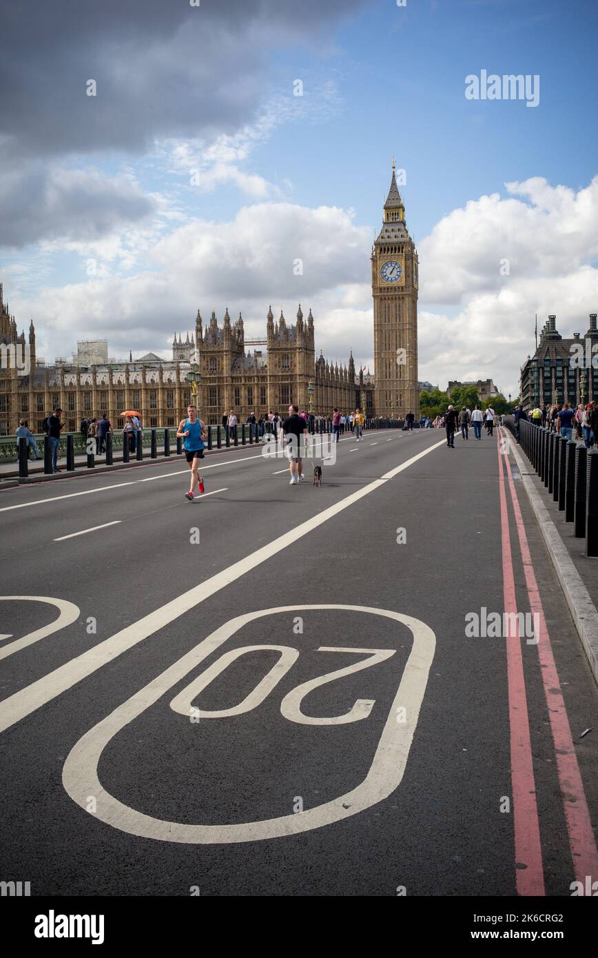 A view from the road on Westminster Bridge showing the 20mph signs and ...