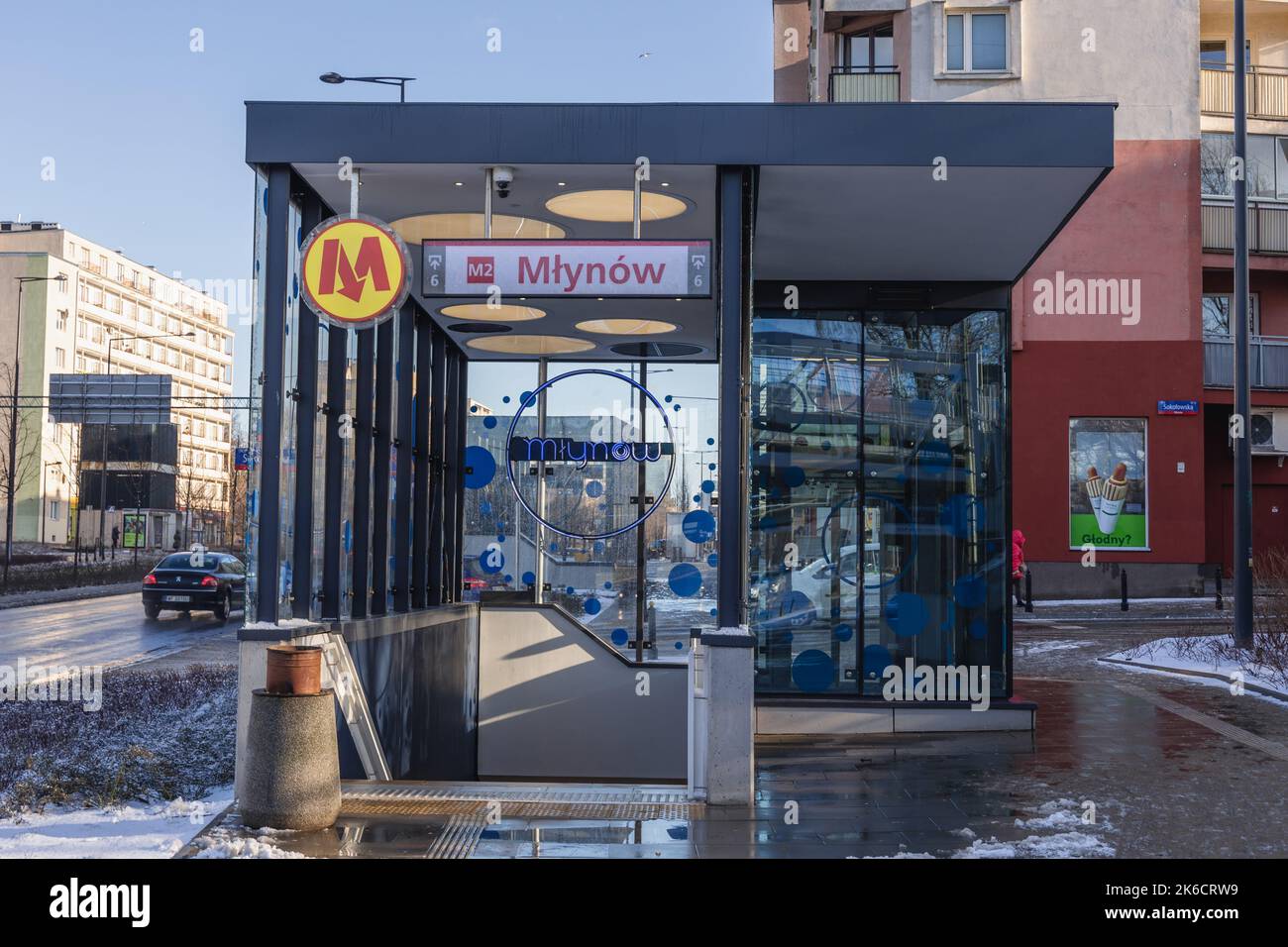 Entrance to Mlynow metro station of the subway line M2 in Warsaw city ...