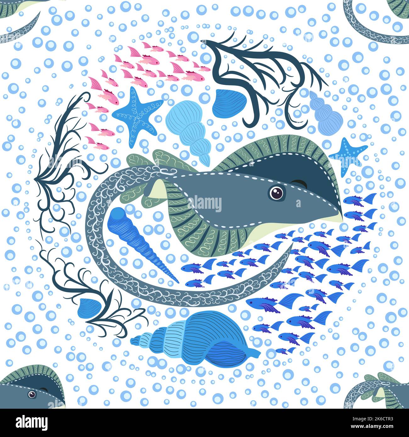 Stingray, Batomorphi sea life, fish, animals bright seamless pattern ...