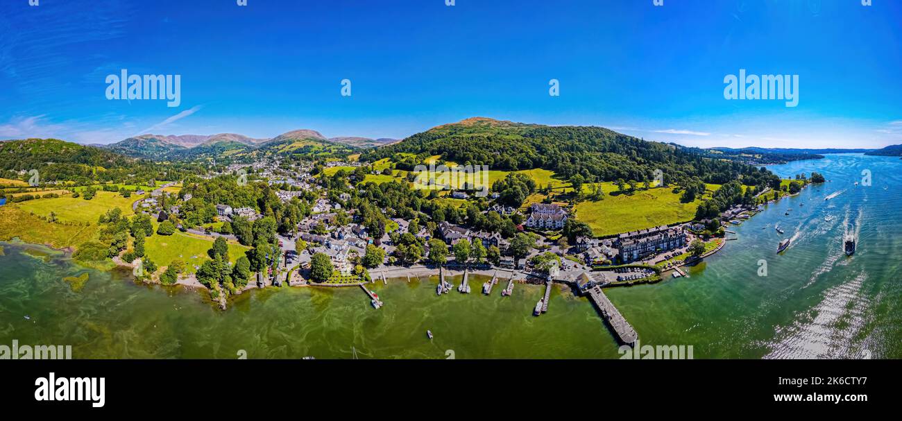 Aerial view of Waterhead and Ambleside in Lake District, a region and ...