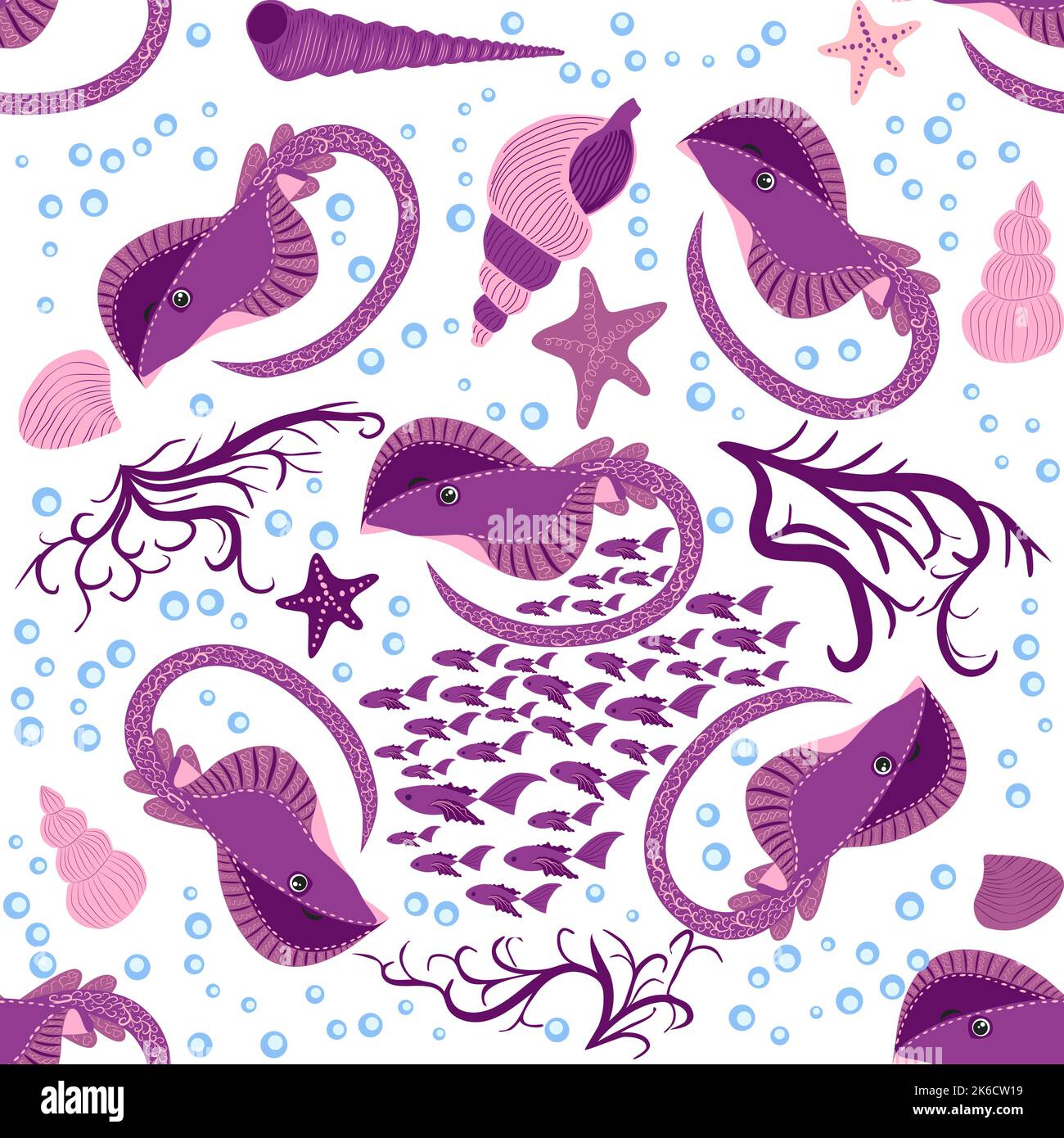 Stingray, Batomorphi sea life, fish, animals bright seamless pattern ...