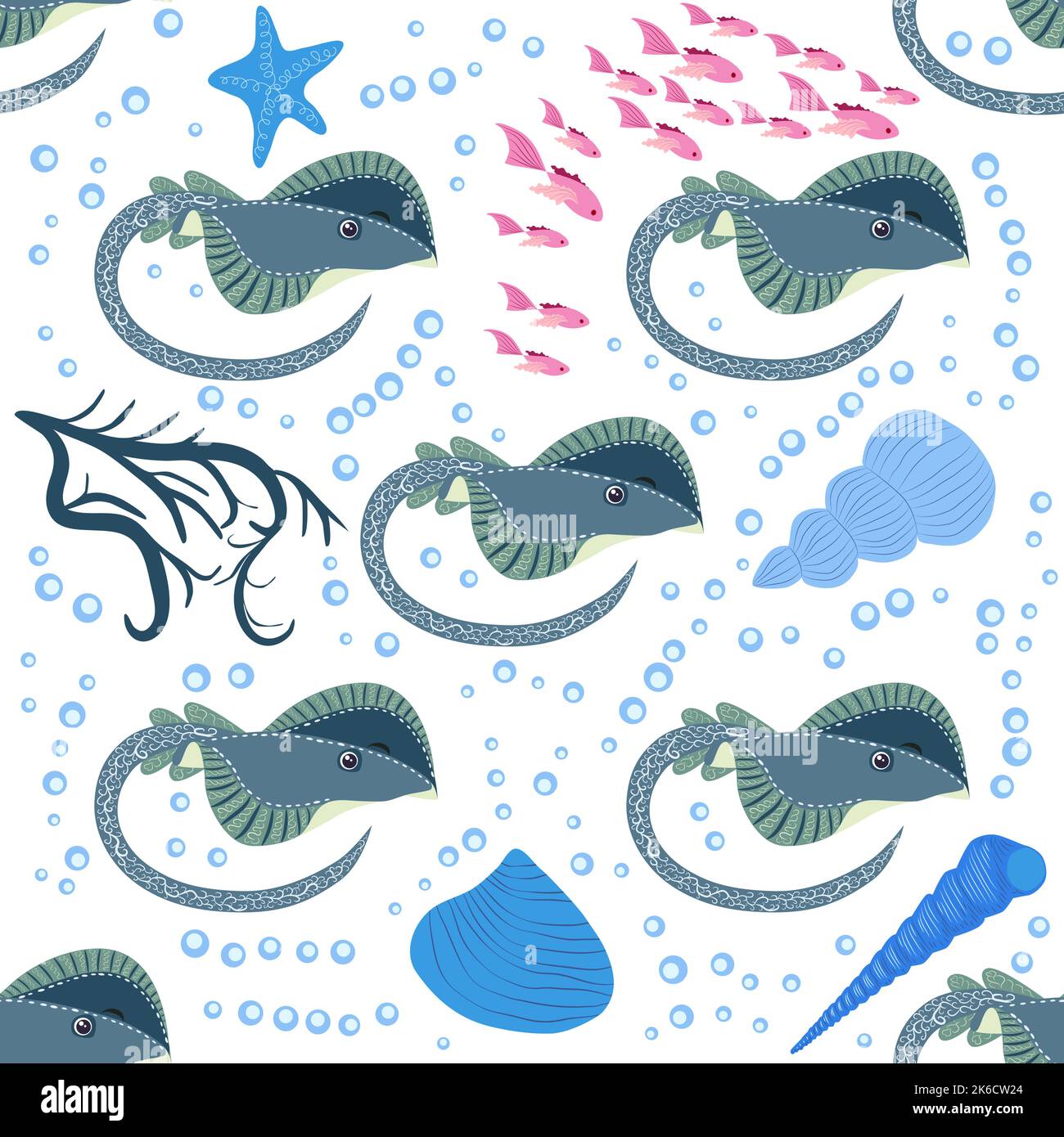 Stingray, Batomorphi sea life, fish, animals bright seamless pattern ...