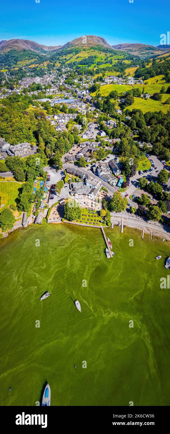 Aerial view of Waterhead and Ambleside in Lake District, a region and ...