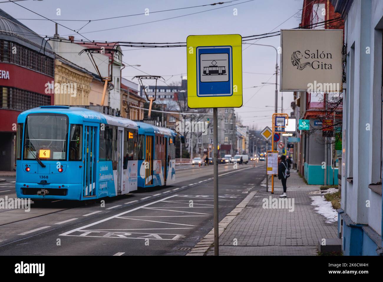 Tram sign on 28th October Street in Ostrava city in Czech Republic ...