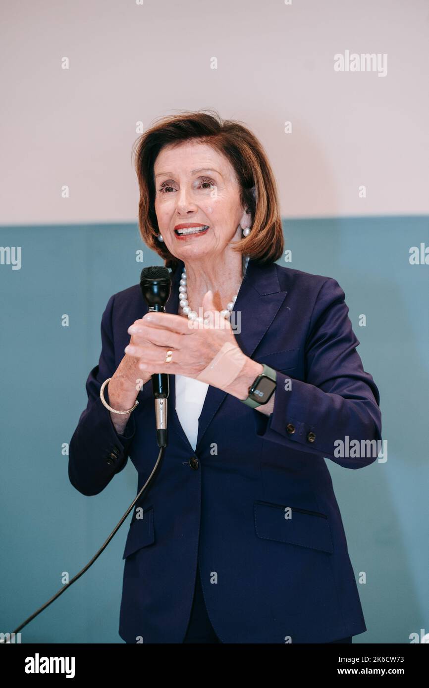 Speaker Nancy Pelosi speaks during the press conference. Talking to an ...