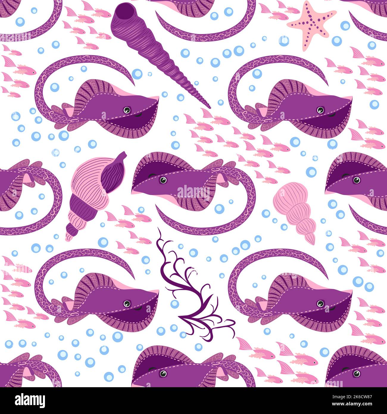 Stingray, Batomorphi sea life, fish, animals bright seamless pattern ...