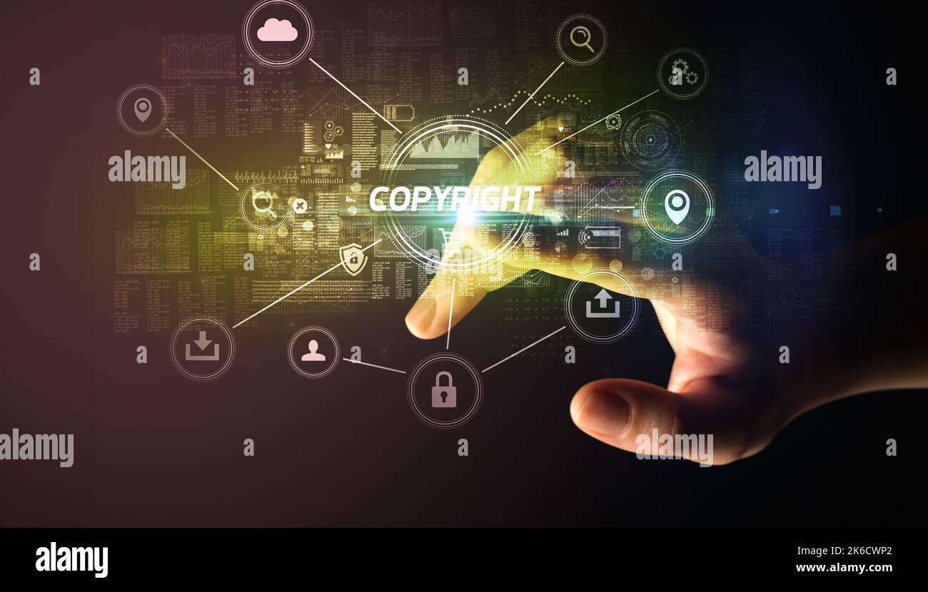 Hand touching cybersecurity button concept Stock Photo - Alamy