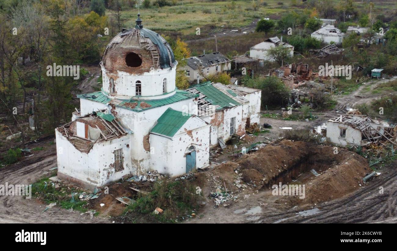 A damaged church after fighting between Russian and Ukrainian troops ...