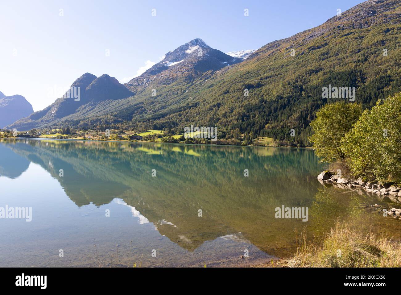 Mountains across Lake Floen,Olden,Norway Stock Photo - Alamy