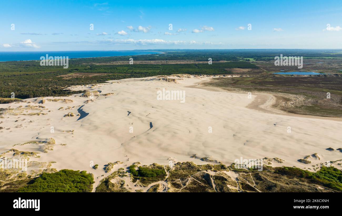 The aerial view of large sand dunes surrounded by green vegetation ...