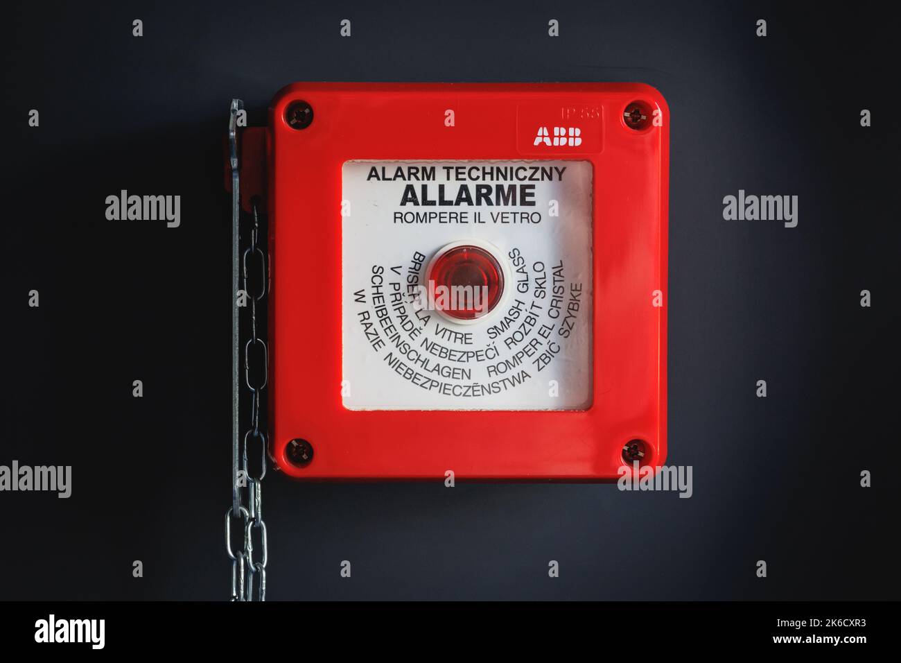 Red box with Technical Alarm button, and sign smash glass in different ...