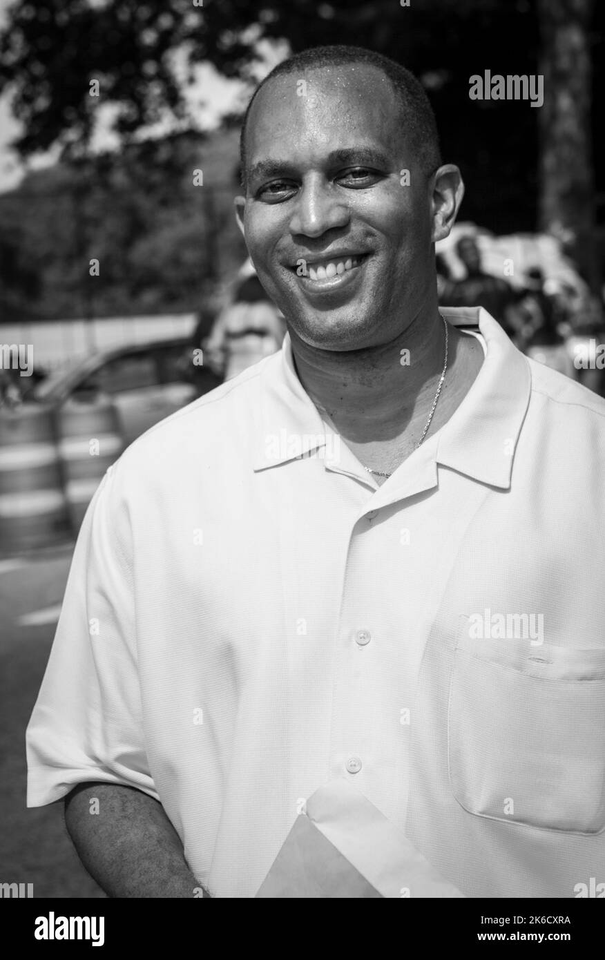A vertical grayscale closeup of US Congressman Hakeem Sekou Jeffries in ...
