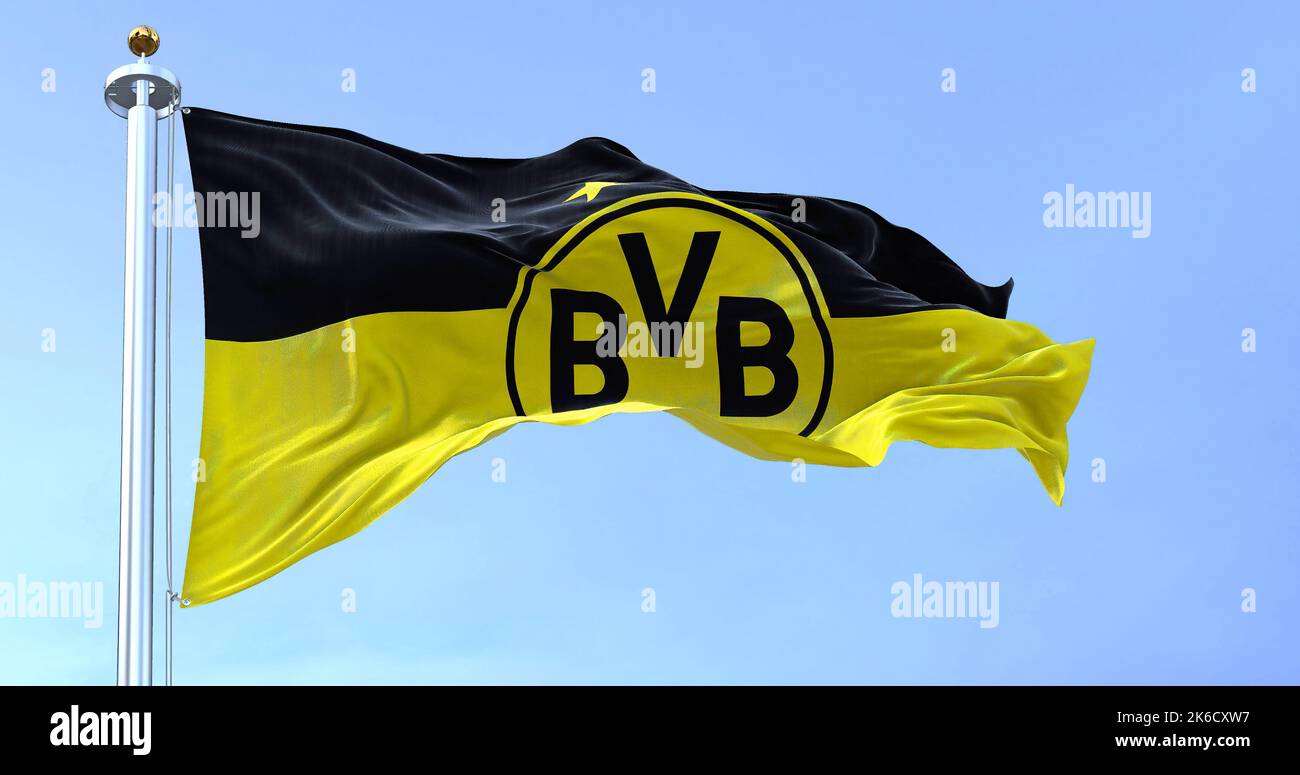 Dortmund, GER, September 2022: The flag of Borussia Dortmund waving in ...