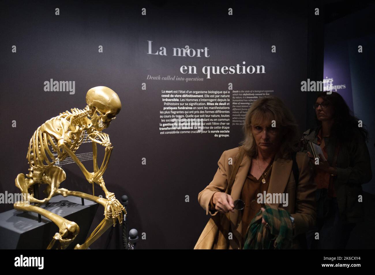 Golden human skeleton and inscription "The death in question" (La mort ...