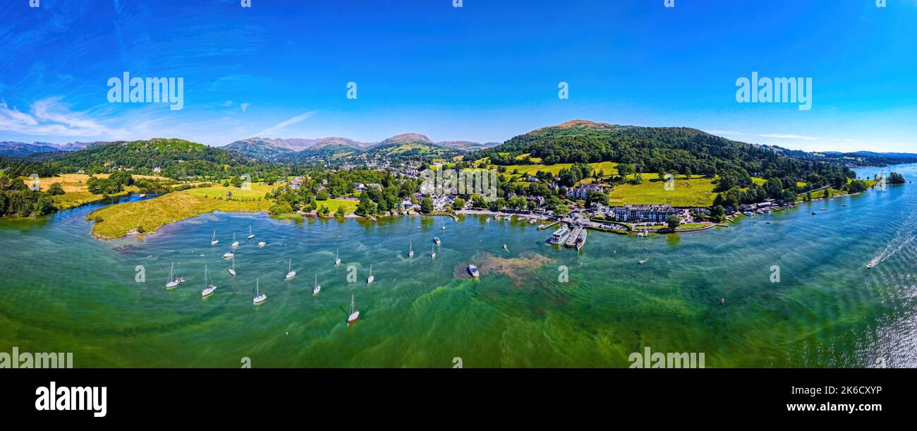 Aerial view of Waterhead and Ambleside in Lake District, a region and ...