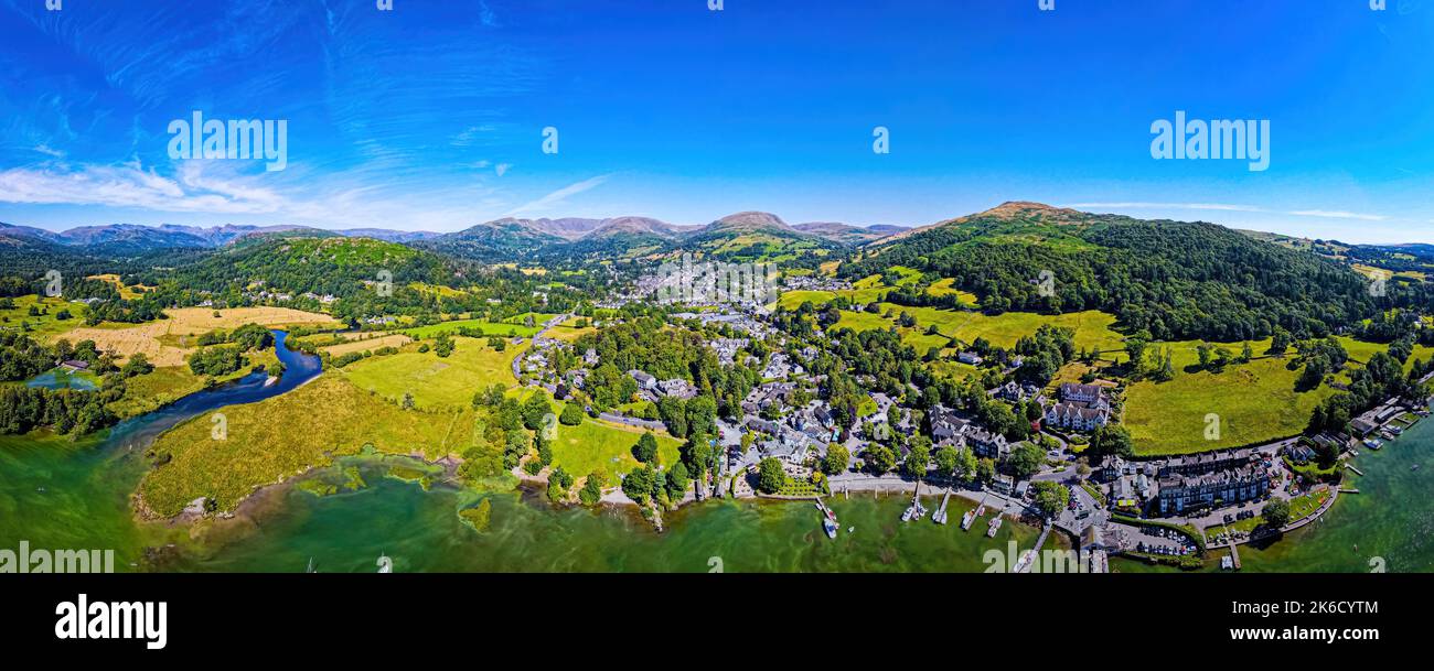 Aerial view of Waterhead and Ambleside in Lake District, a region and ...