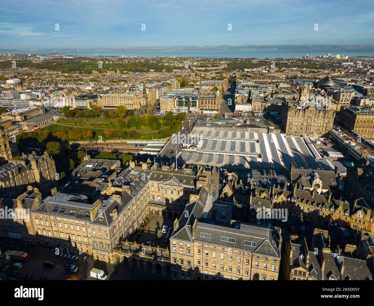 Aerial view from drone of skyline of the Old Town in Edinburgh ...